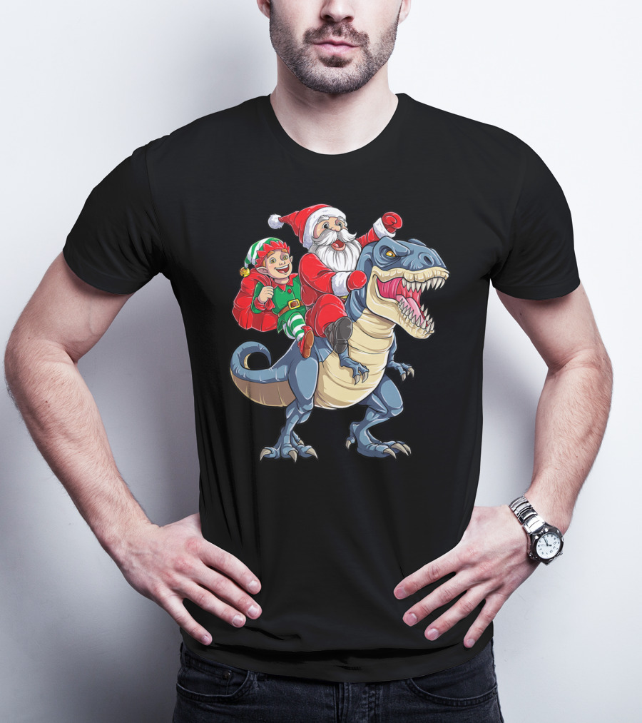 Dinosaur Christmas Boys Santa Elf Riding T-Rex Kids YP T-Shirt