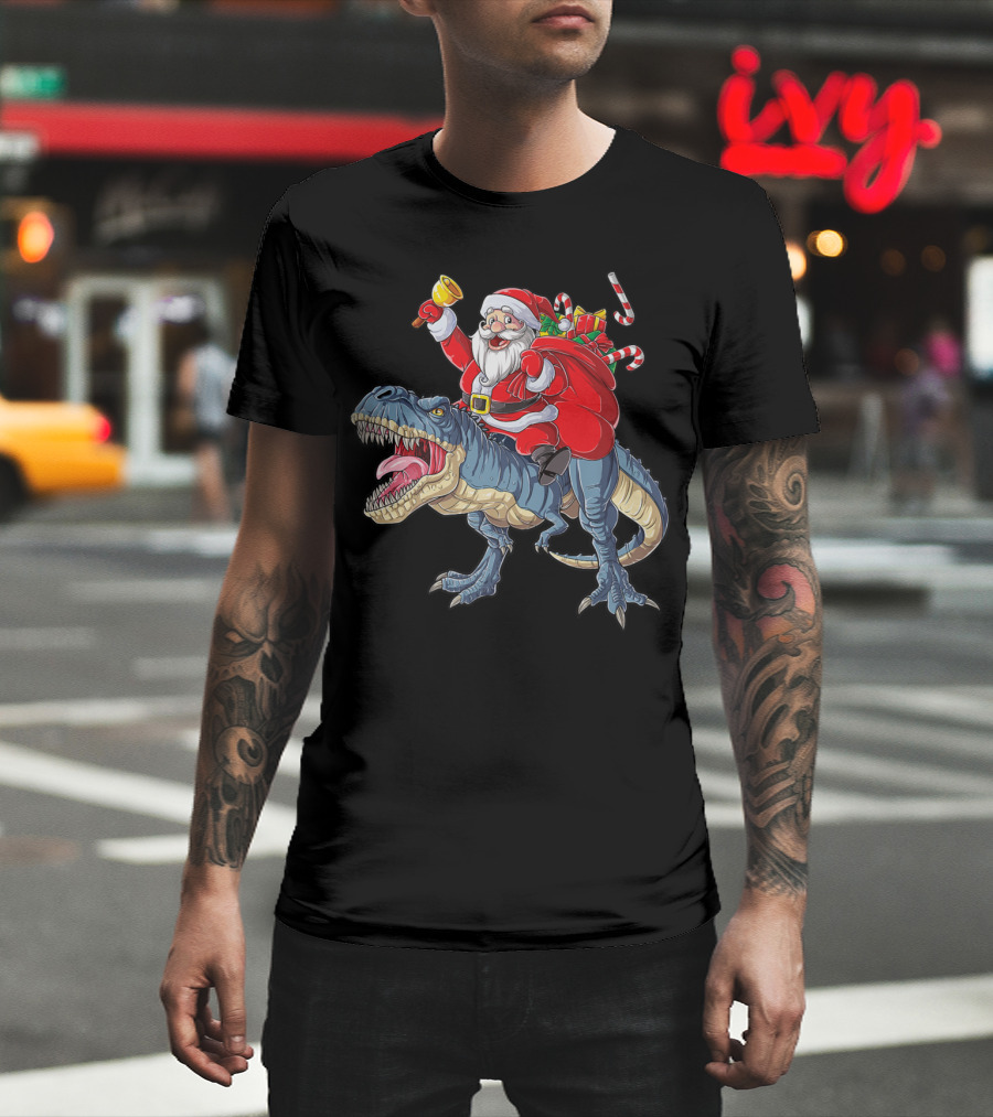 Santa Claus Riding Dinosaur With Bell And Holiday Gifts Christmas Boys Santa Rex Kids Xmas T3 T-Shirt