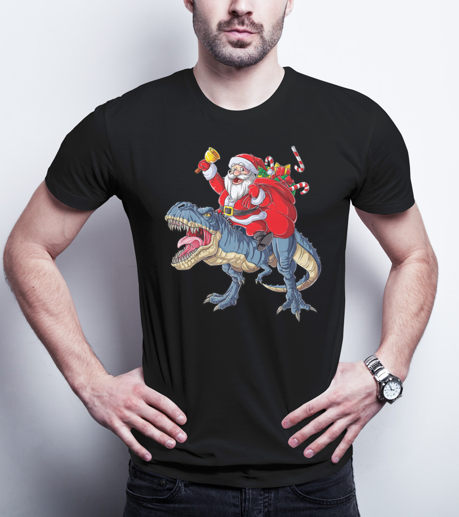 Santa Claus Riding Dinosaur With Bell And Holiday Gifts Christmas Boys Santa Rex Kids Xmas T3 T-Shirt