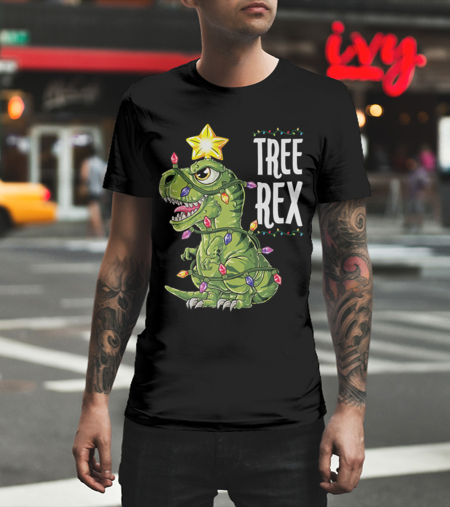 Tree Rex Dinosaur Christmas Lights And Star T-Shirt