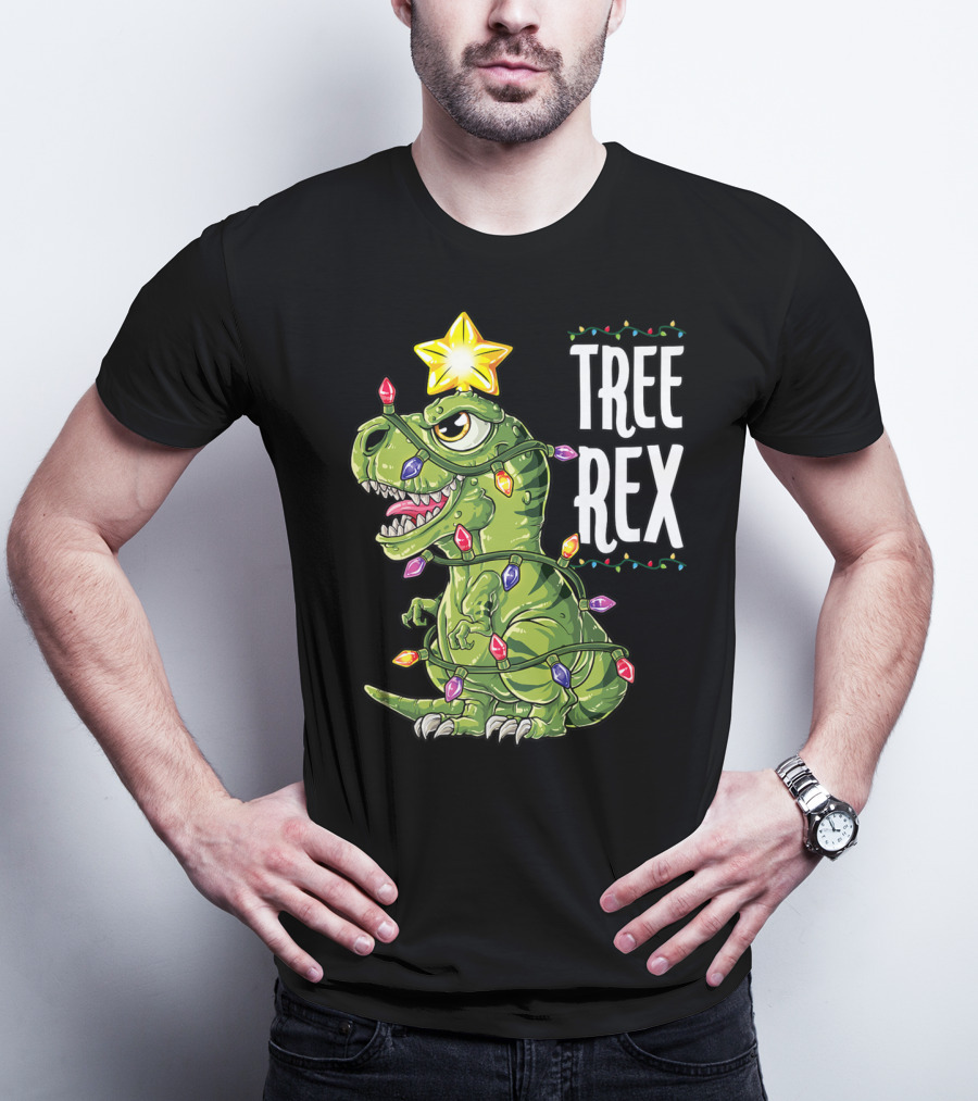 Tree Rex Dinosaur Christmas Lights And Star T-Shirt