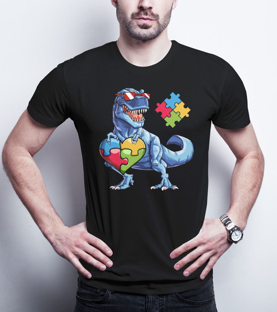 Dinosaur Holding Heart-Shaped Puzzle Pieces Autism Awareness T-Shirt