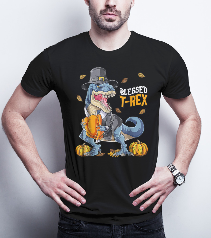 Blessed T-Rex Thanksgiving Pilgrim Dinosaur With Pumpkins T-Shirt