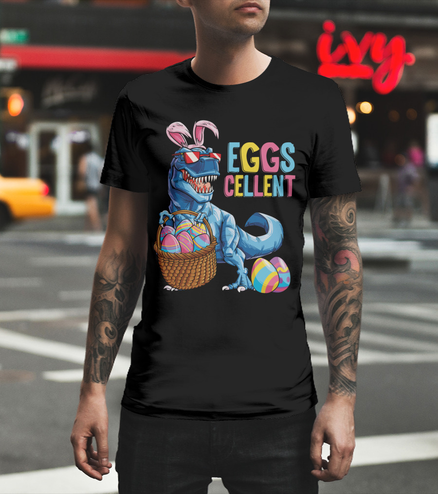 Easter Bunny Dinosaur Rex EGGScellent Basket Of Eggs T-Shirt