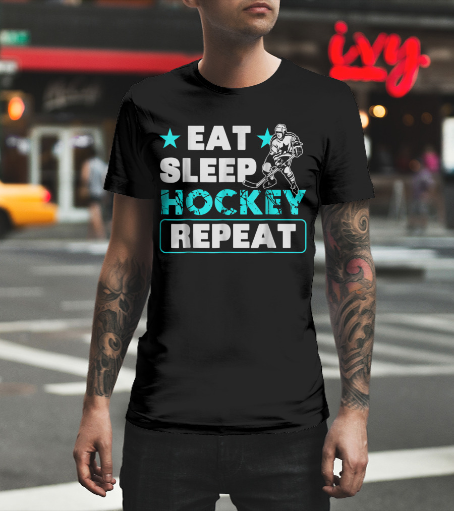 Eat Sleep Hockey Repeat Hockey Lovers Star Icon Skater T-Shirt