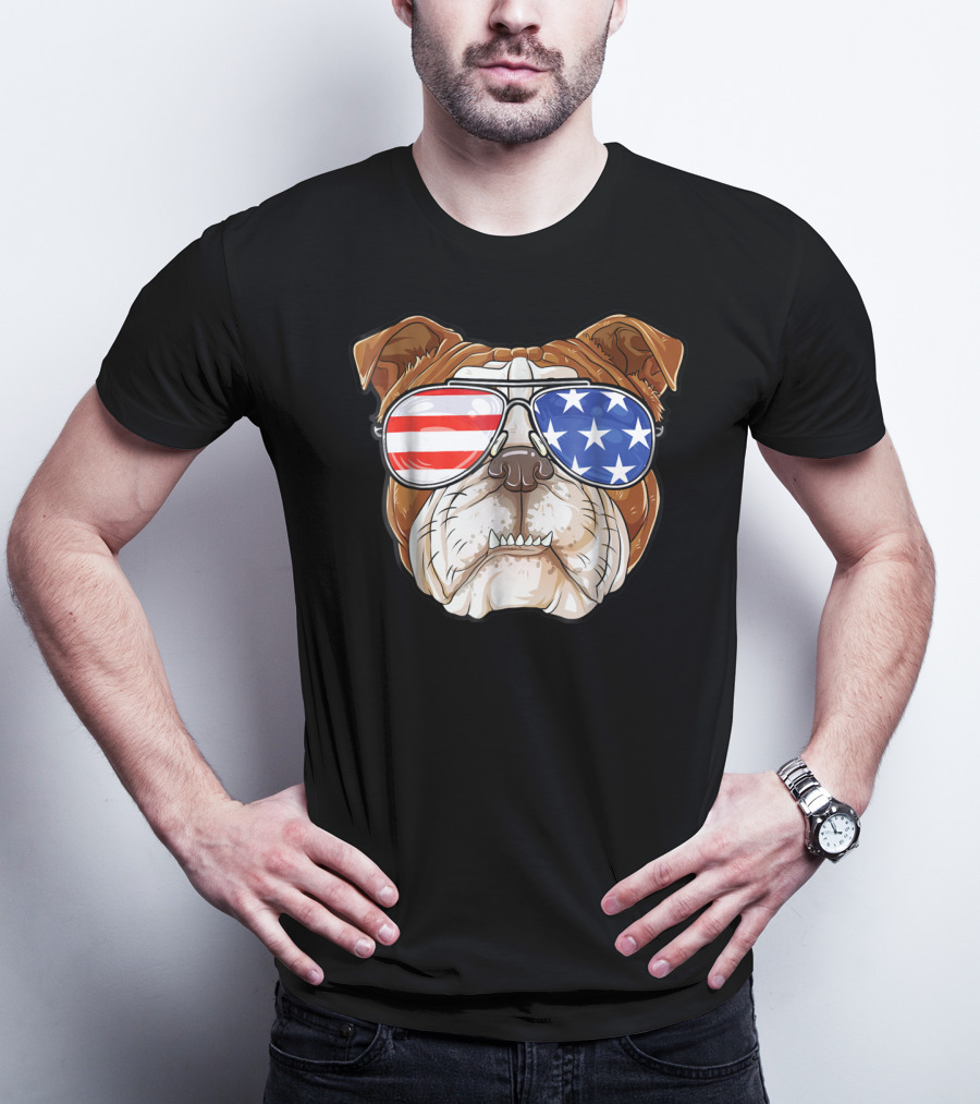 English Bulldog Wearing American Flag Sunglasses T-Shirt