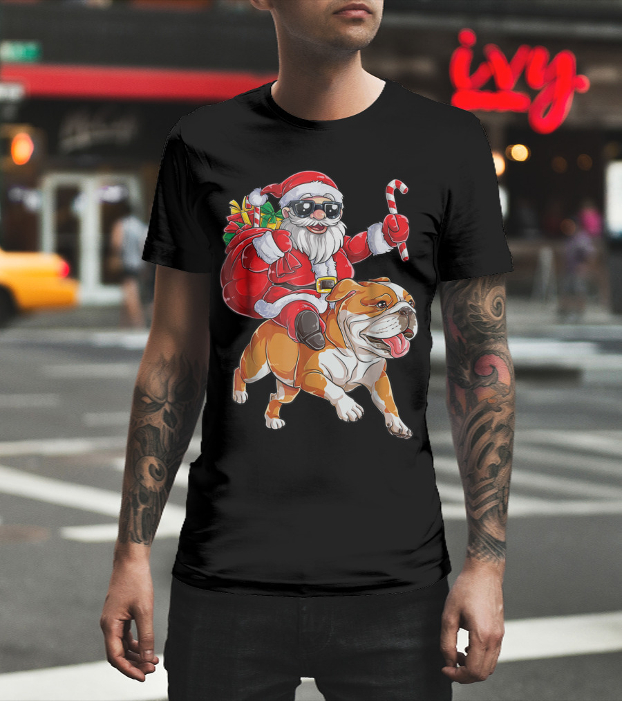 English Bulldog Santa Claus Riding With Candy Cane And Gifts Christmas Woofmas T-Shirt