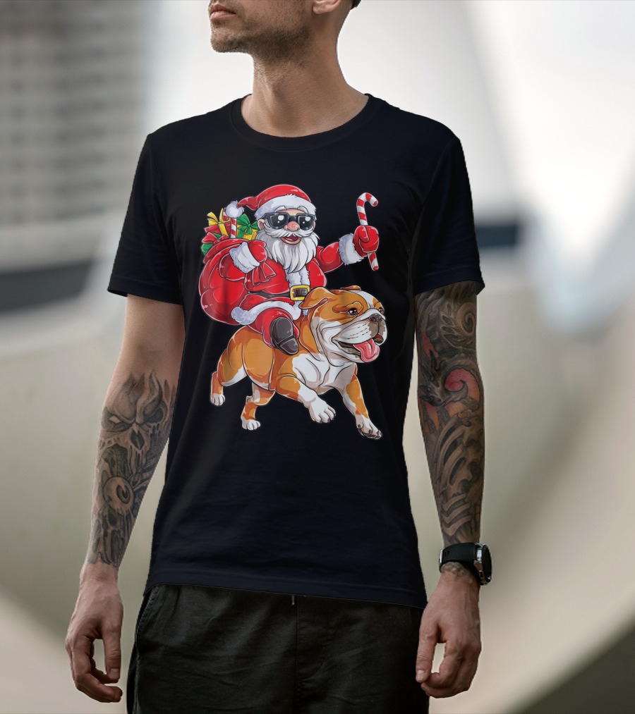 English Bulldog Santa Claus Riding With Candy Cane And Gifts Christmas Woofmas T-Shirt