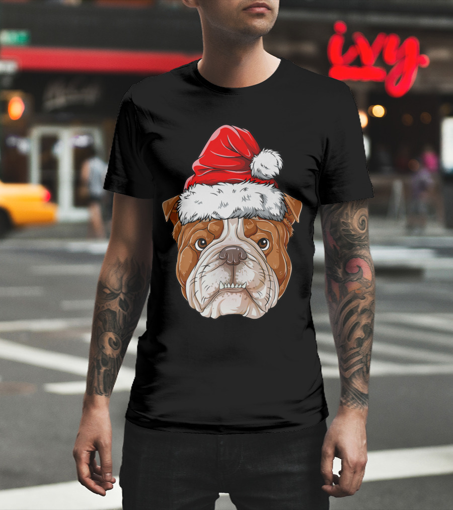 English Bulldog Santa Christmas Boys Kids GB Holiday Bulldog T-Shirt