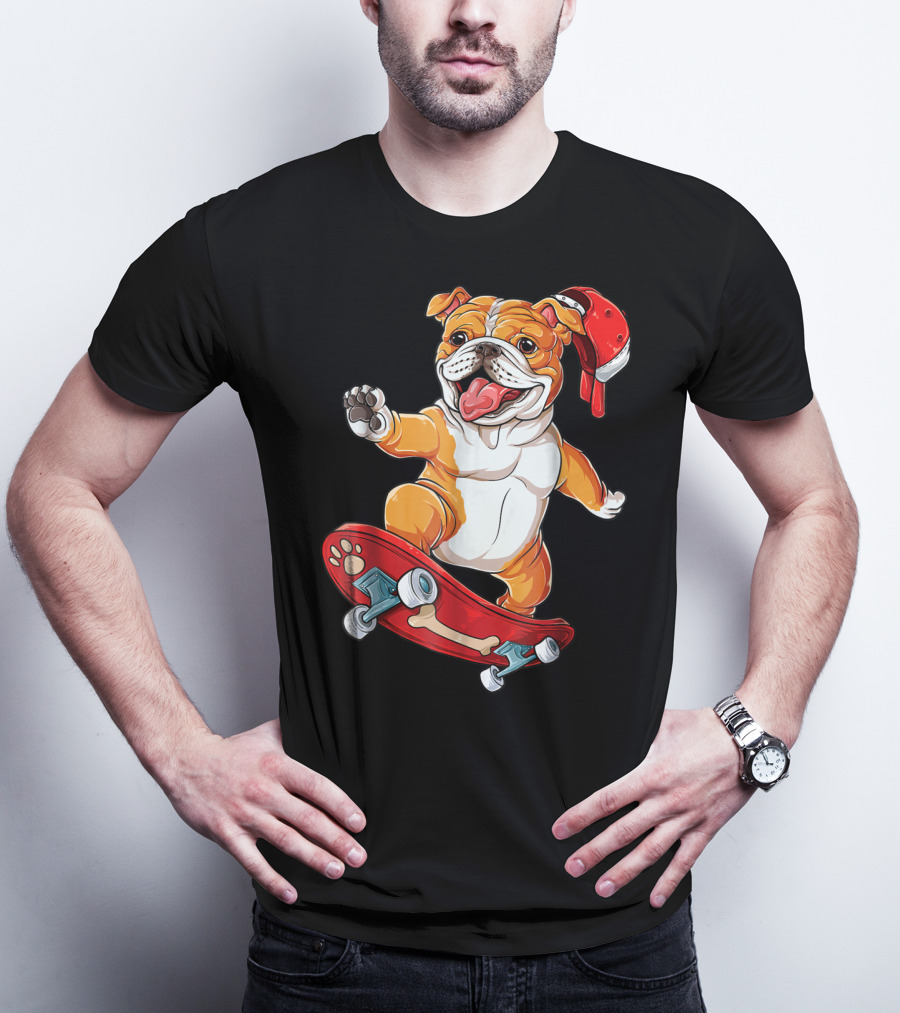 English Bulldog With Red Cap Skating On Bone Deck Skateboard T-Shirt
