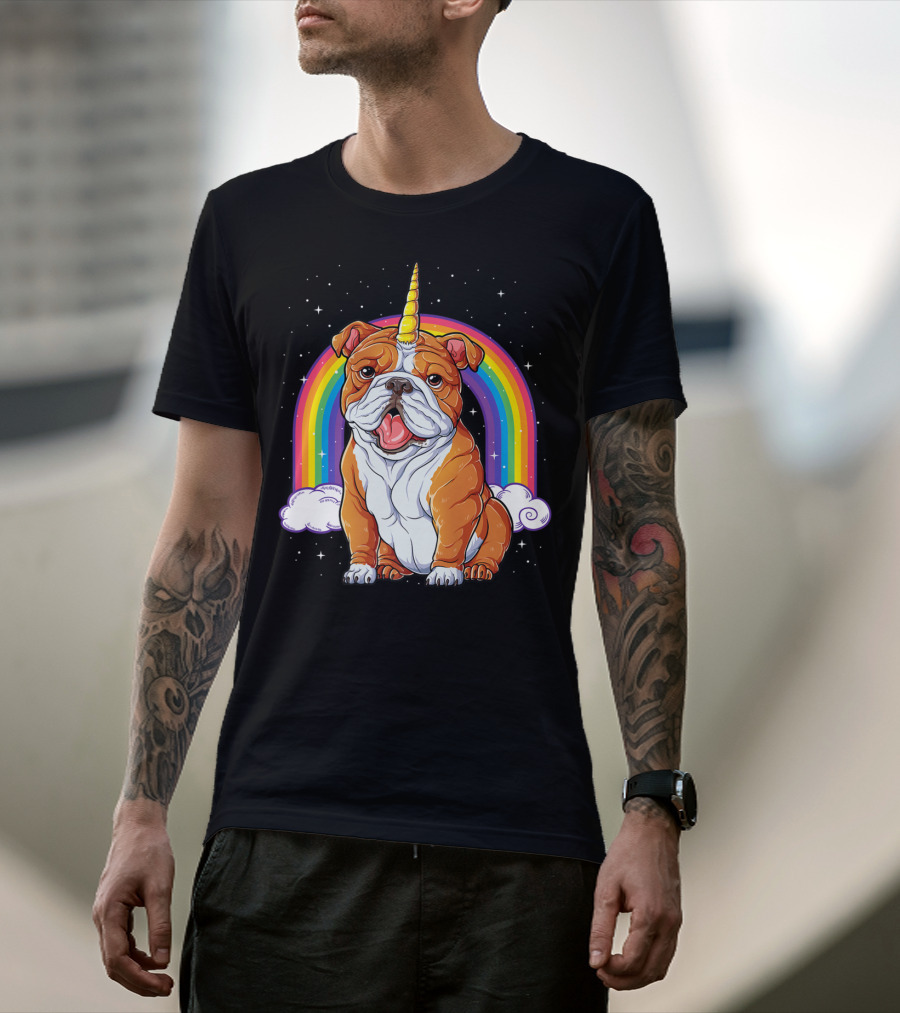 English Bulldog Unicorn Rainbow Space Galaxy T-Shirt
