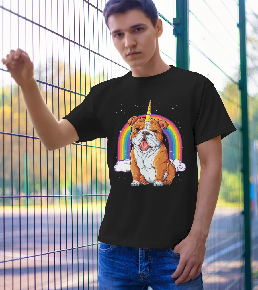 English Bulldog Unicorn Rainbow Space Galaxy T-Shirt