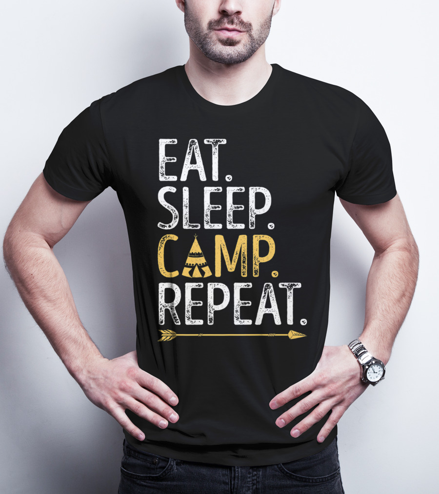 Eat Sleep Camp Repeat Camping Camper Tent Arrow T-Shirt