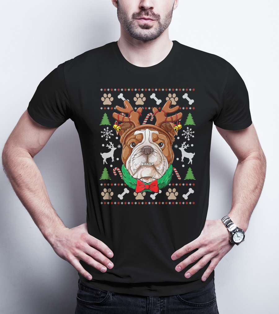 English Bulldog Reindeer Antlers Christmas Ugly T-Shirt