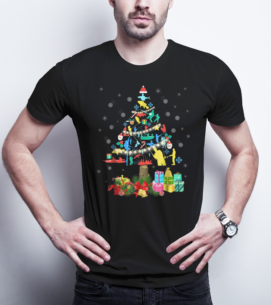 Fishing Christmas Pine Tree Santa Holiday Gift Presentation T-Shirt