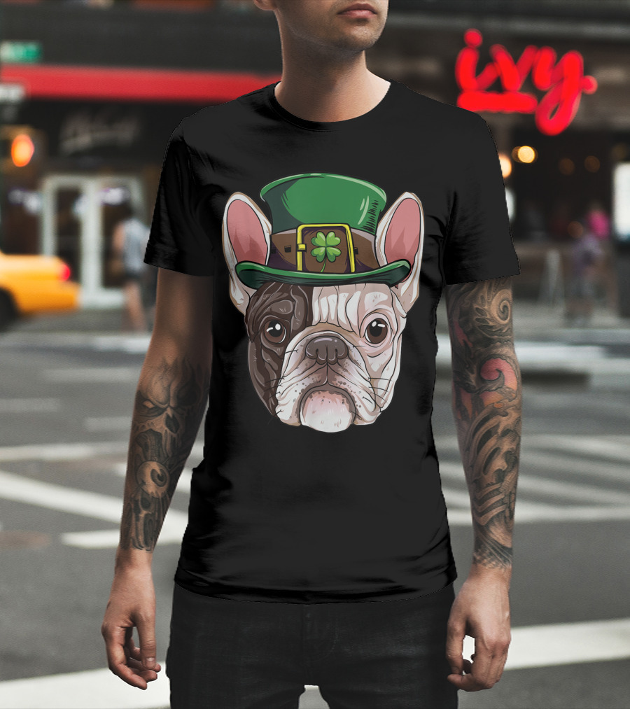 French Bulldog Leprechaun St Patricks Day Dog Wearing Green Hat With Shamrock T-Shirt