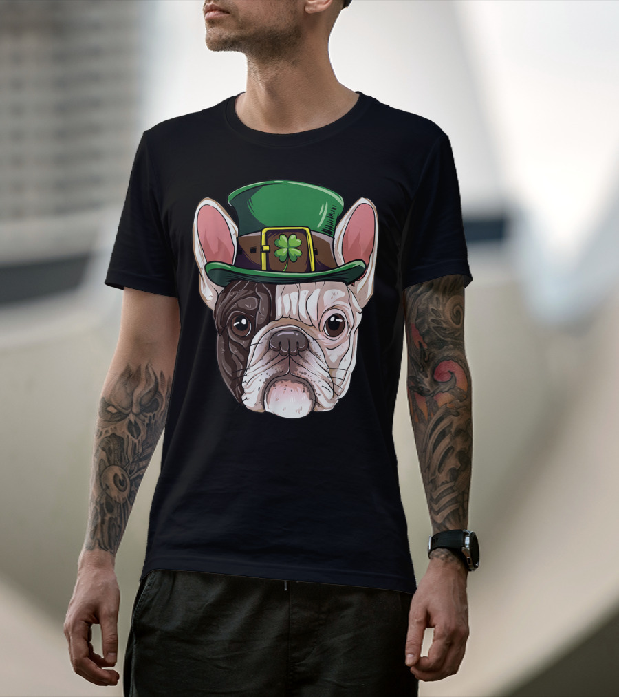 French Bulldog Leprechaun St Patricks Day Dog Wearing Green Hat With Shamrock T-Shirt