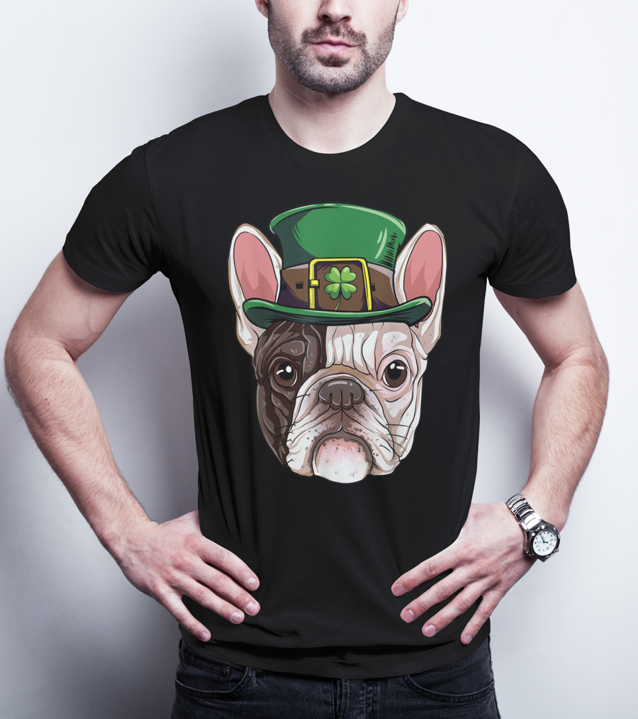 French Bulldog Leprechaun St Patricks Day Dog Wearing Green Hat With Shamrock T-Shirt