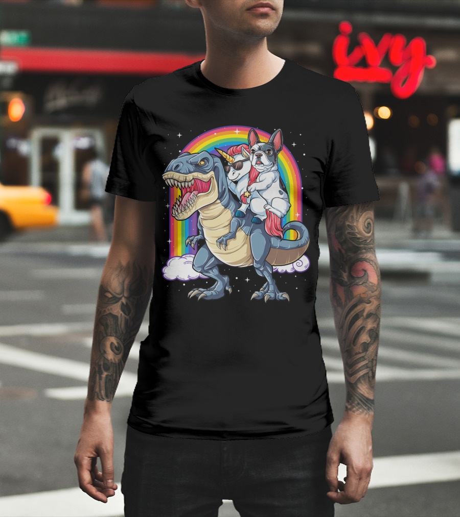 French Bulldog Unicorn Riding Dinosaur Rex With Rainbow Stars T-Shirt
