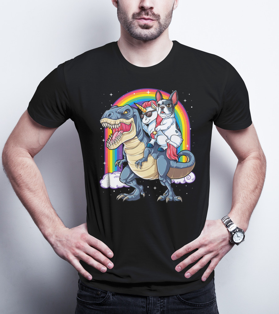 French Bulldog Unicorn Riding Dinosaur Rex With Rainbow Stars T-Shirt
