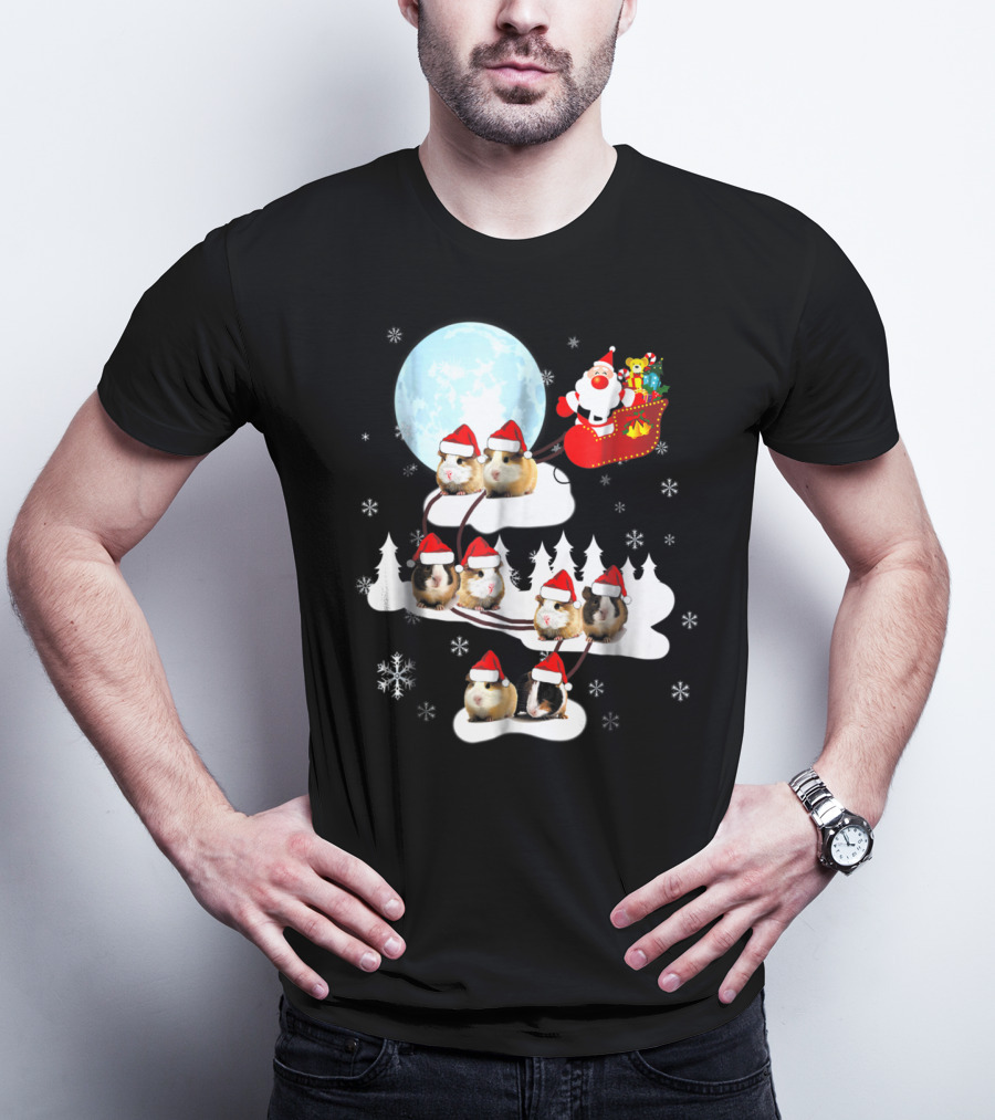 Santa Sleigh With Christmas Guinea Pigs And Snowflakes T-Shirt