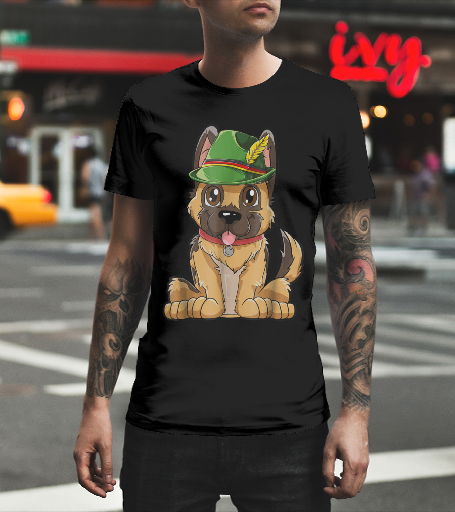 Cute German Shepherd Dog With Oktoberfest Hat Boys Lederhosen T-Shirt