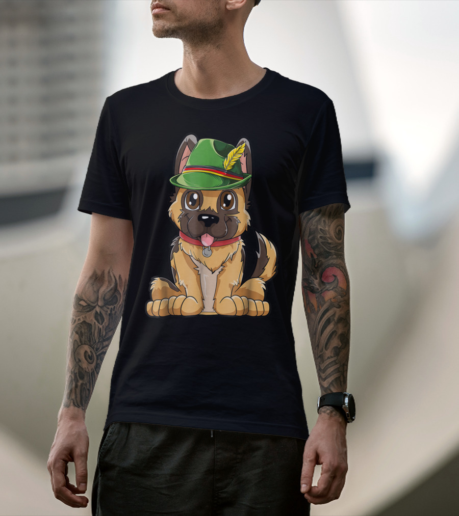 Cute German Shepherd Dog With Oktoberfest Hat Boys Lederhosen T-Shirt