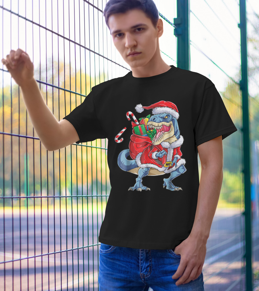 Santa Rex Dinosaur Christmas Boys Kids Xmas T-Shirt