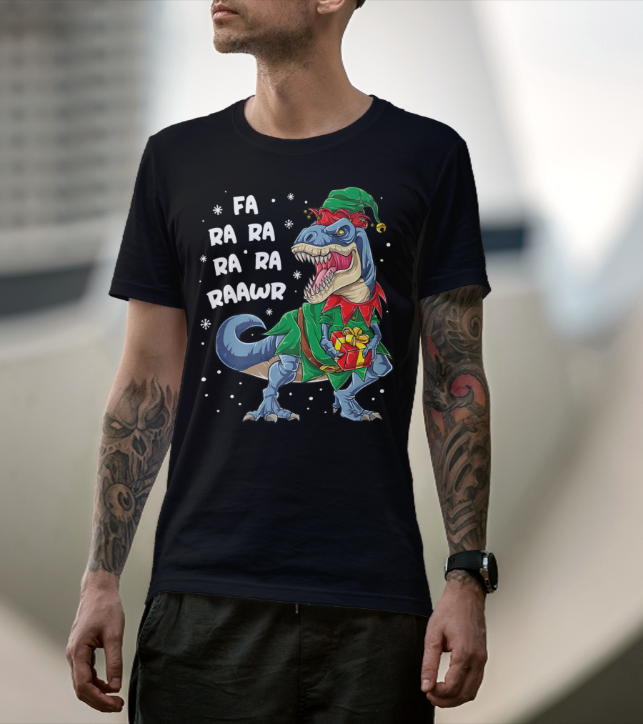 Fa Ra Ra Ra Rawr Dinosaur Christmas Rex Elf Holding Present T-Shirt