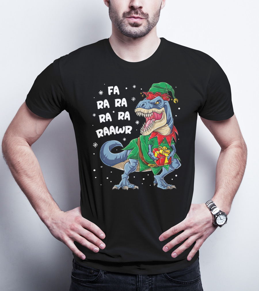 Fa Ra Ra Ra Rawr Dinosaur Christmas Rex Elf Holding Present T-Shirt