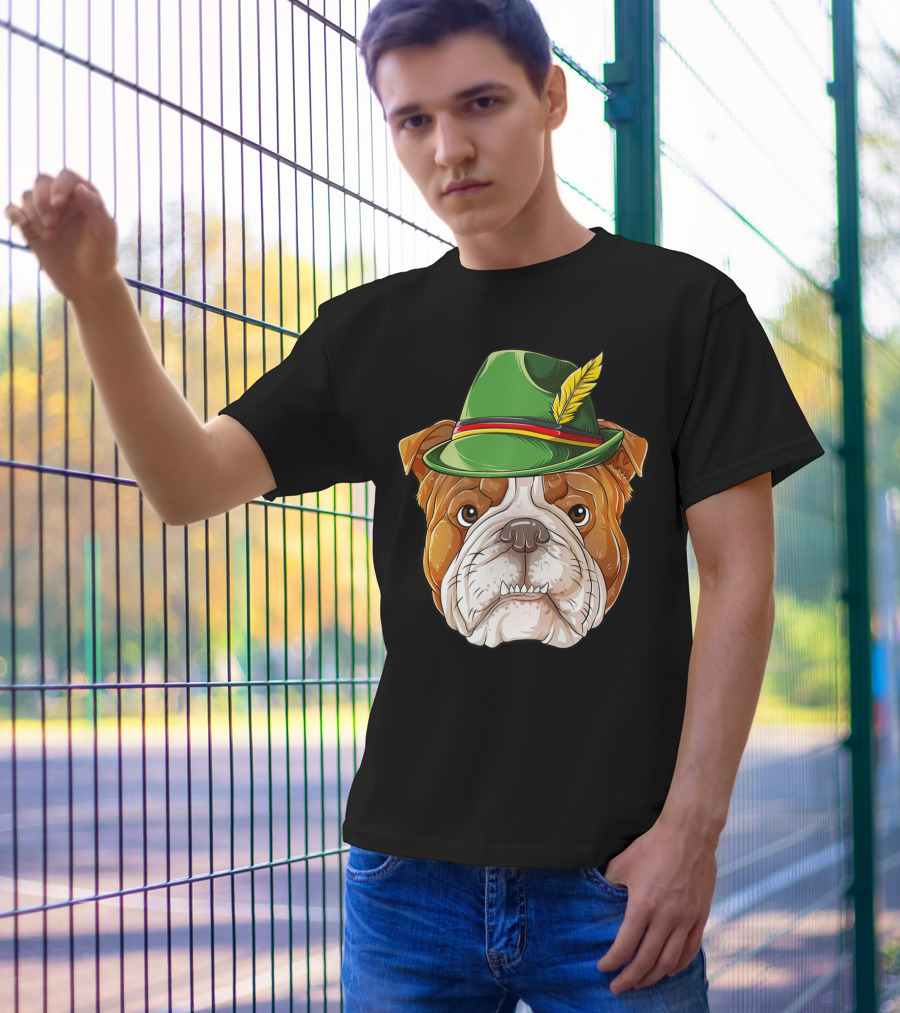 English Bulldog Oktoberfest Boys Lederhosen With Green Hat And Feather T-Shirt