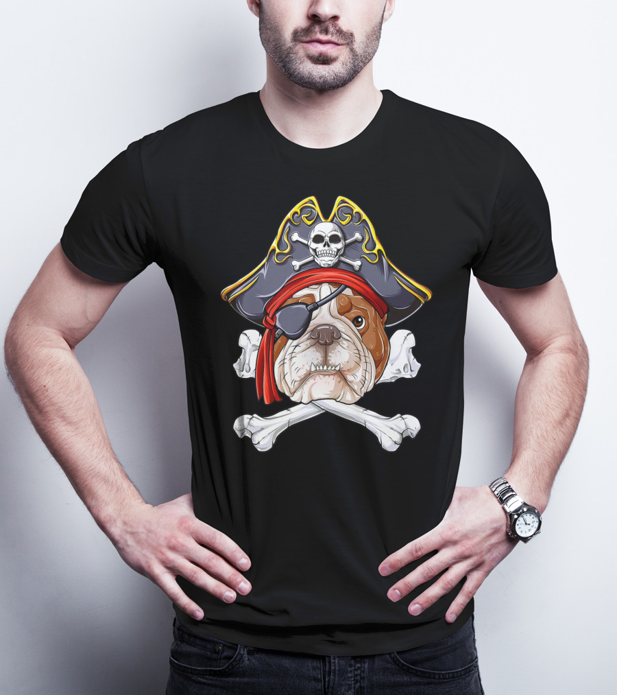 English Bulldog Wearing Pirate Hat With Jolly Roger Crossbones And Eyepatch T-Shirt