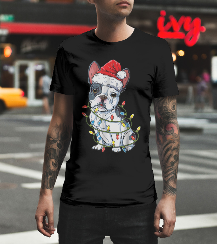 French Bulldog Christmas Santa Hat Wrapped In Xmas Lights T-Shirt
