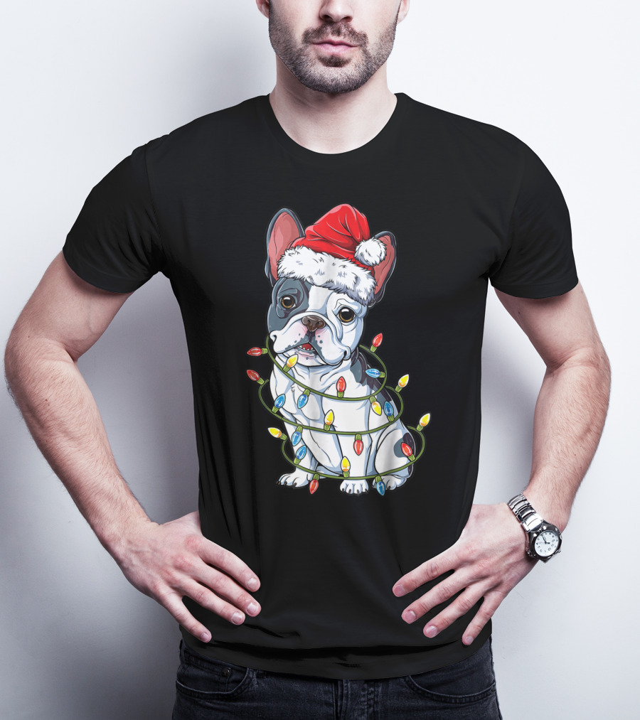 French Bulldog Christmas Santa Hat Wrapped In Xmas Lights T-Shirt