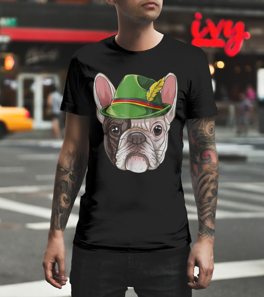 French Bulldog In Green Oktoberfest Hat With Feather T-Shirt