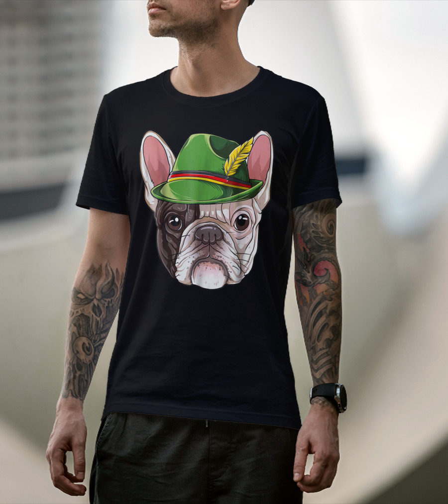 French Bulldog In Green Oktoberfest Hat With Feather T-Shirt