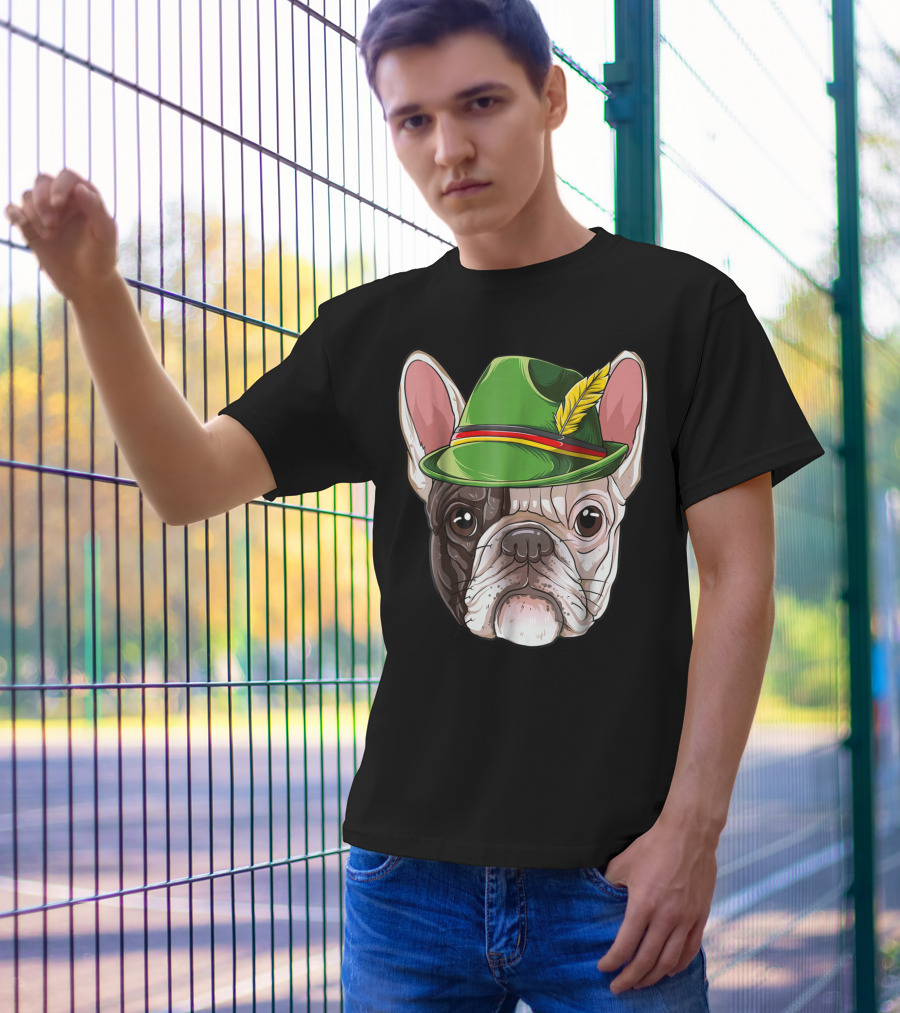French Bulldog In Green Oktoberfest Hat With Feather T-Shirt