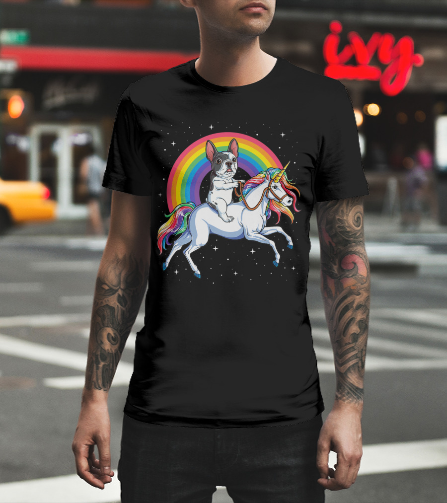 French Bulldog Riding Unicorn Rainbow Space Galaxy T-Shirt