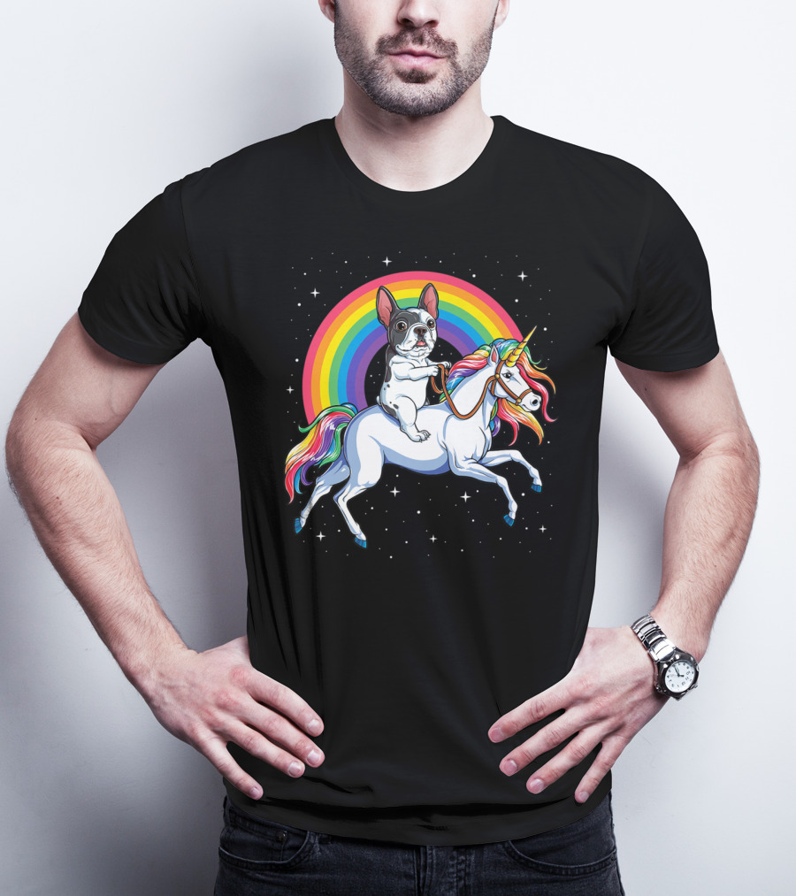 French Bulldog Riding Unicorn Rainbow Space Galaxy T-Shirt