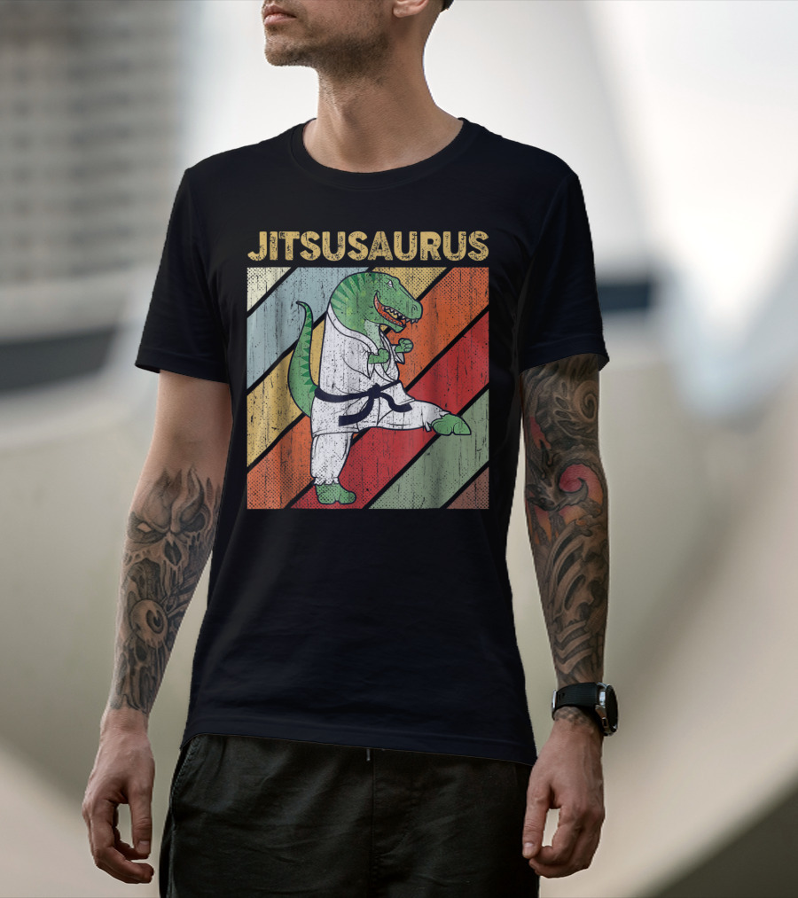 Jitsusaurus Dinosaur In Martial Arts Gi With Vintage Stripes T-Shirt
