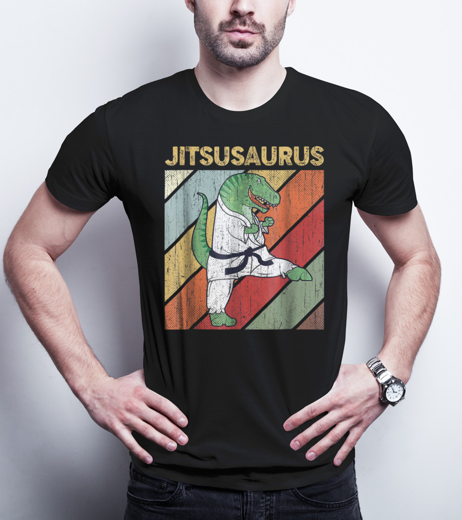 Jitsusaurus Dinosaur In Martial Arts Gi With Vintage Stripes T-Shirt