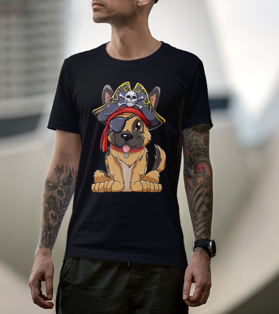 German Shepherd Pirate With Jolly Roger Skull Crossbones And Eyepatch T-Shirt