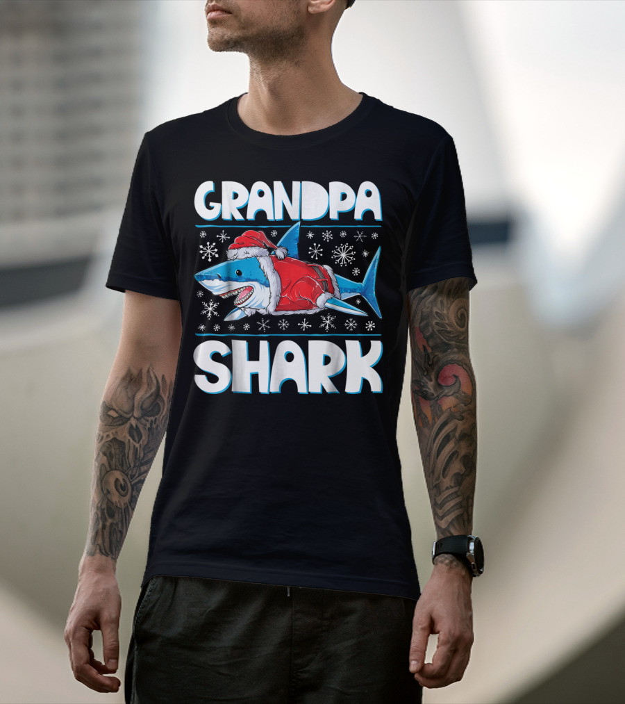 Grandpa Shark Santa With Snowflakes T-Shirt