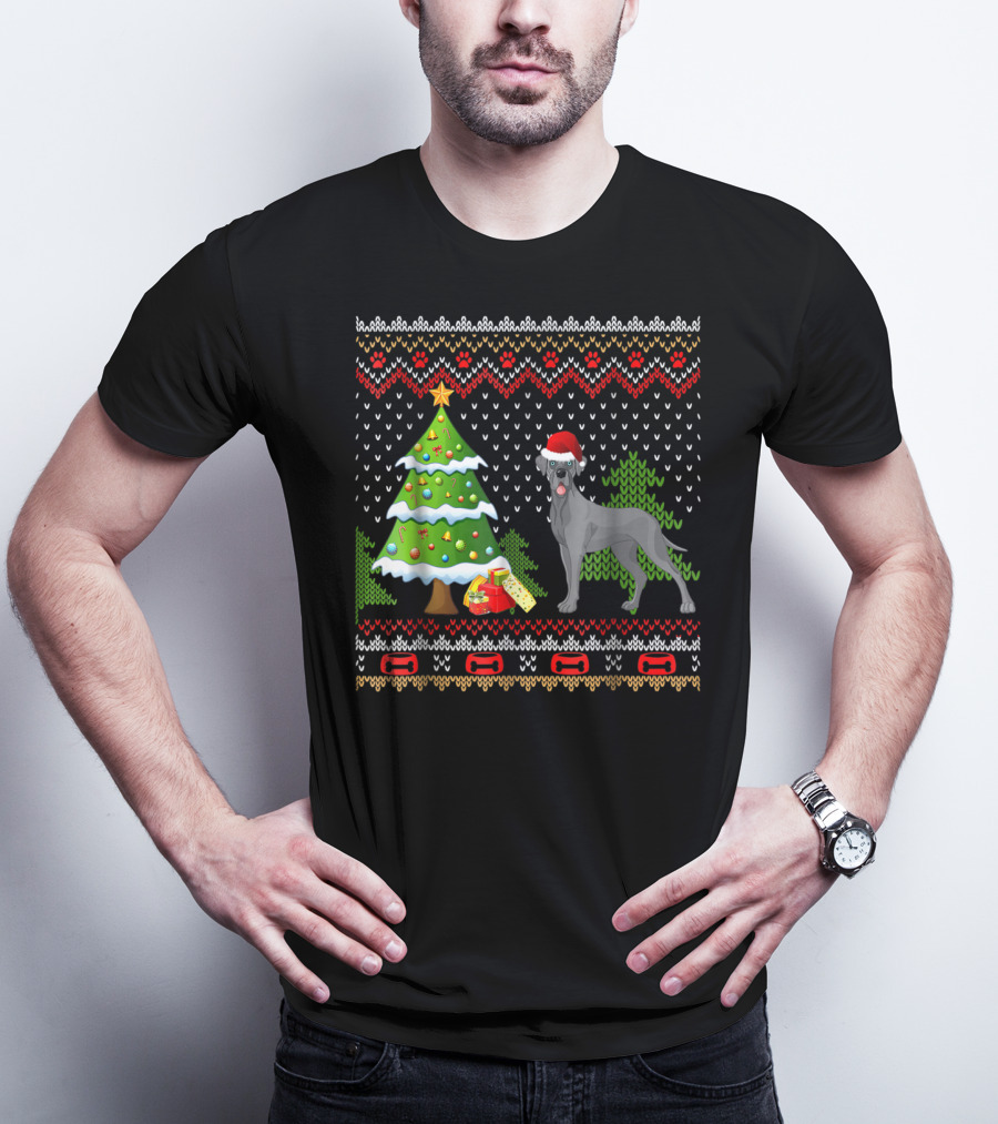 Great Danes Santa Christmas UglyDog Holiday Sweater Tree Present T-Shirt