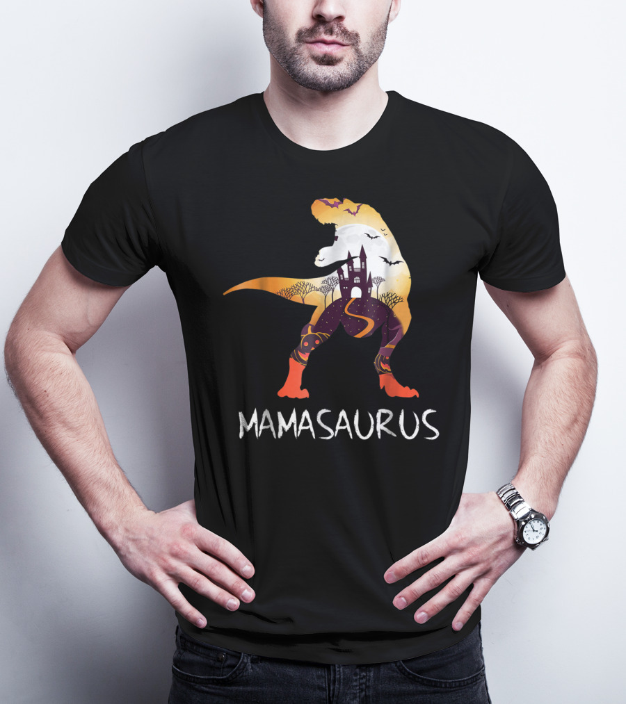 Mamasaurus Halloween Castle Bats T-Rex Scene T-Shirt