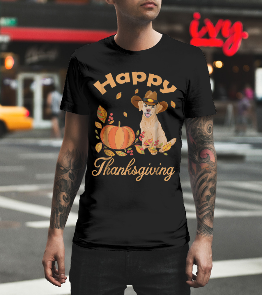 Happy Thanksgiving Golden Retriever With Pumpkin And Leaves T-Shirt