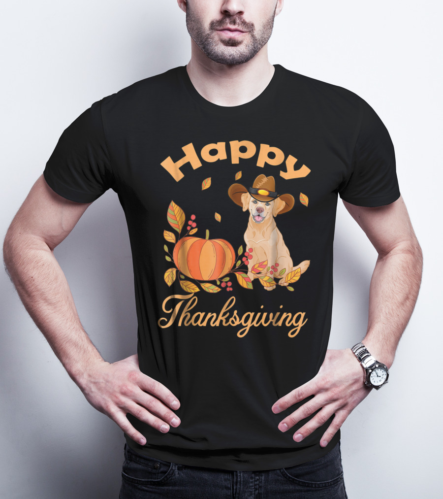 Happy Thanksgiving Golden Retriever With Pumpkin And Leaves T-Shirt