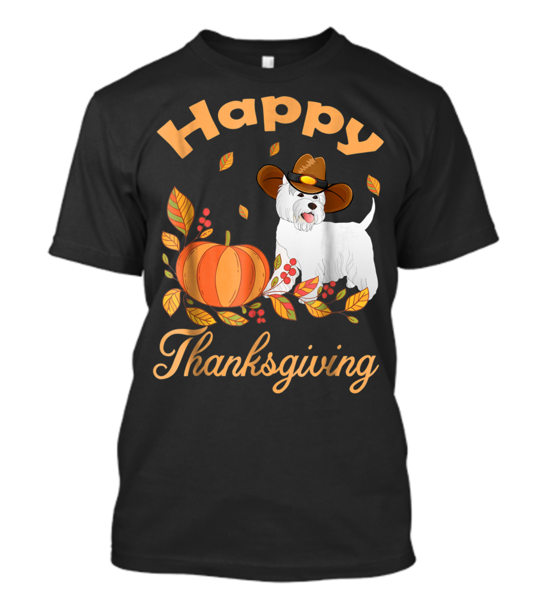 Happy Thanksgiving Westie Pilgrim Dog With Pumpkin And Leaves T-Shirt