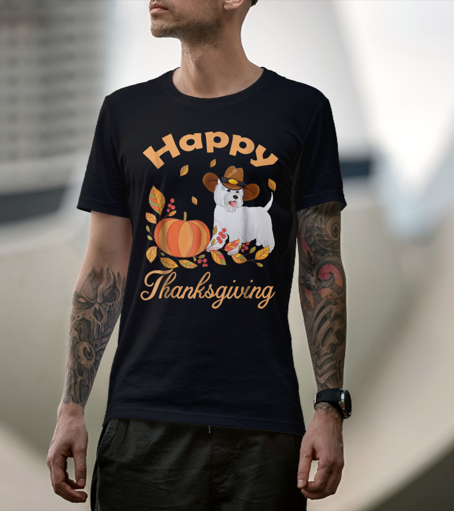 Happy Thanksgiving Westie Pilgrim Dog With Pumpkin And Leaves T-Shirt