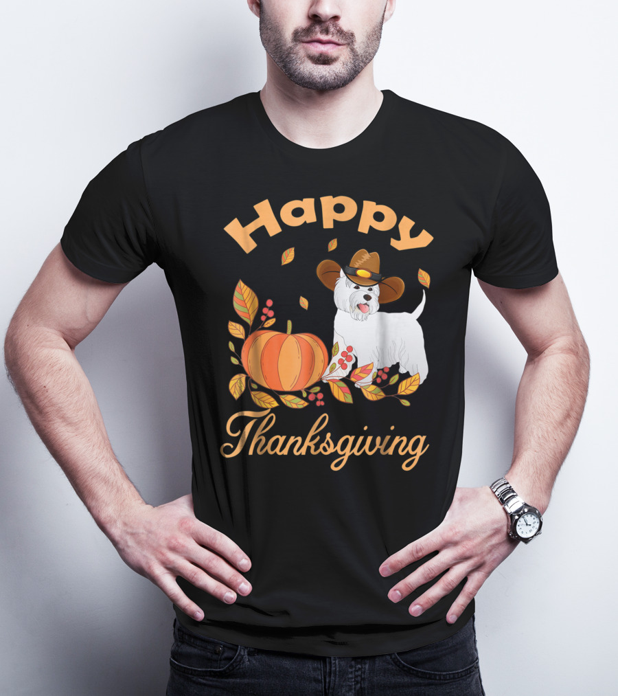 Happy Thanksgiving Westie Pilgrim Dog With Pumpkin And Leaves T-Shirt